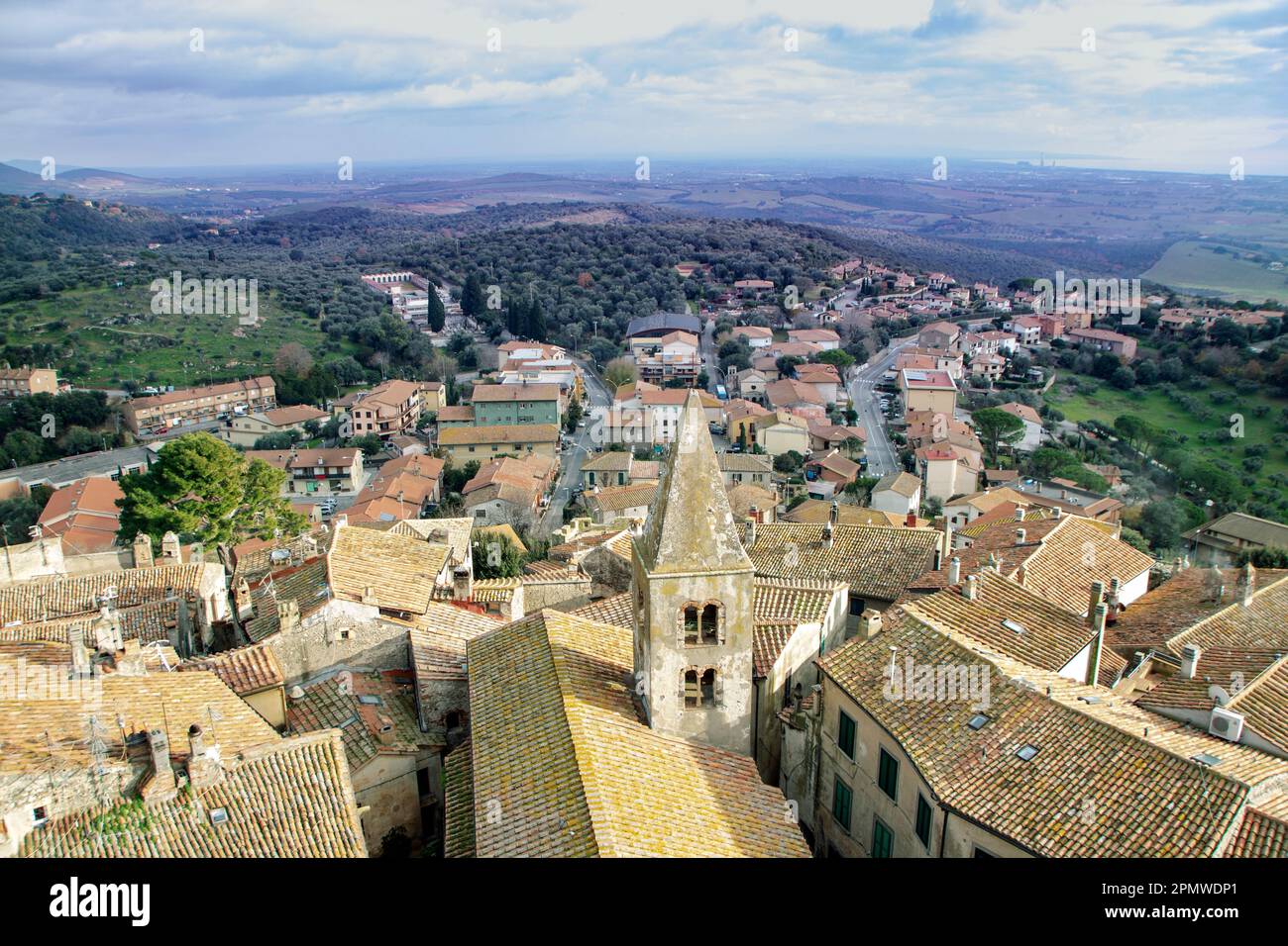 Landscape of tuscan countryside and medieval town as seen from the ...