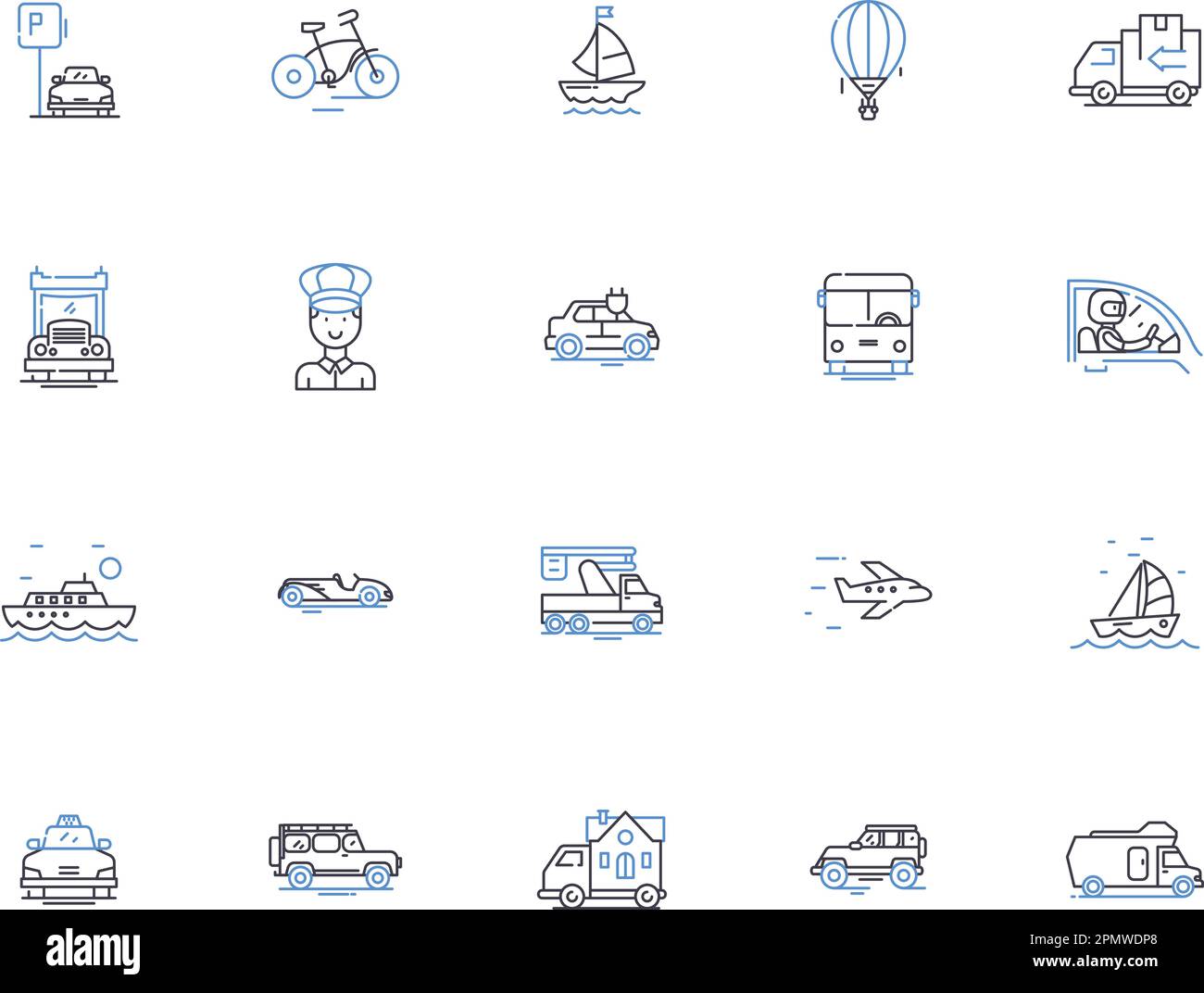 Transportation outline icons collection. Train, Bus, Plane, Taxi, Ferry ...