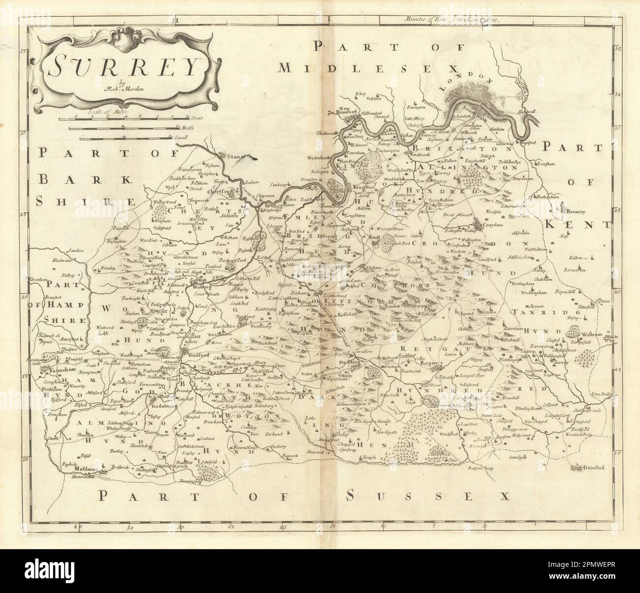 SURREY by ROBERT MORDEN from Camden's Britannia 1695 old antique map ...