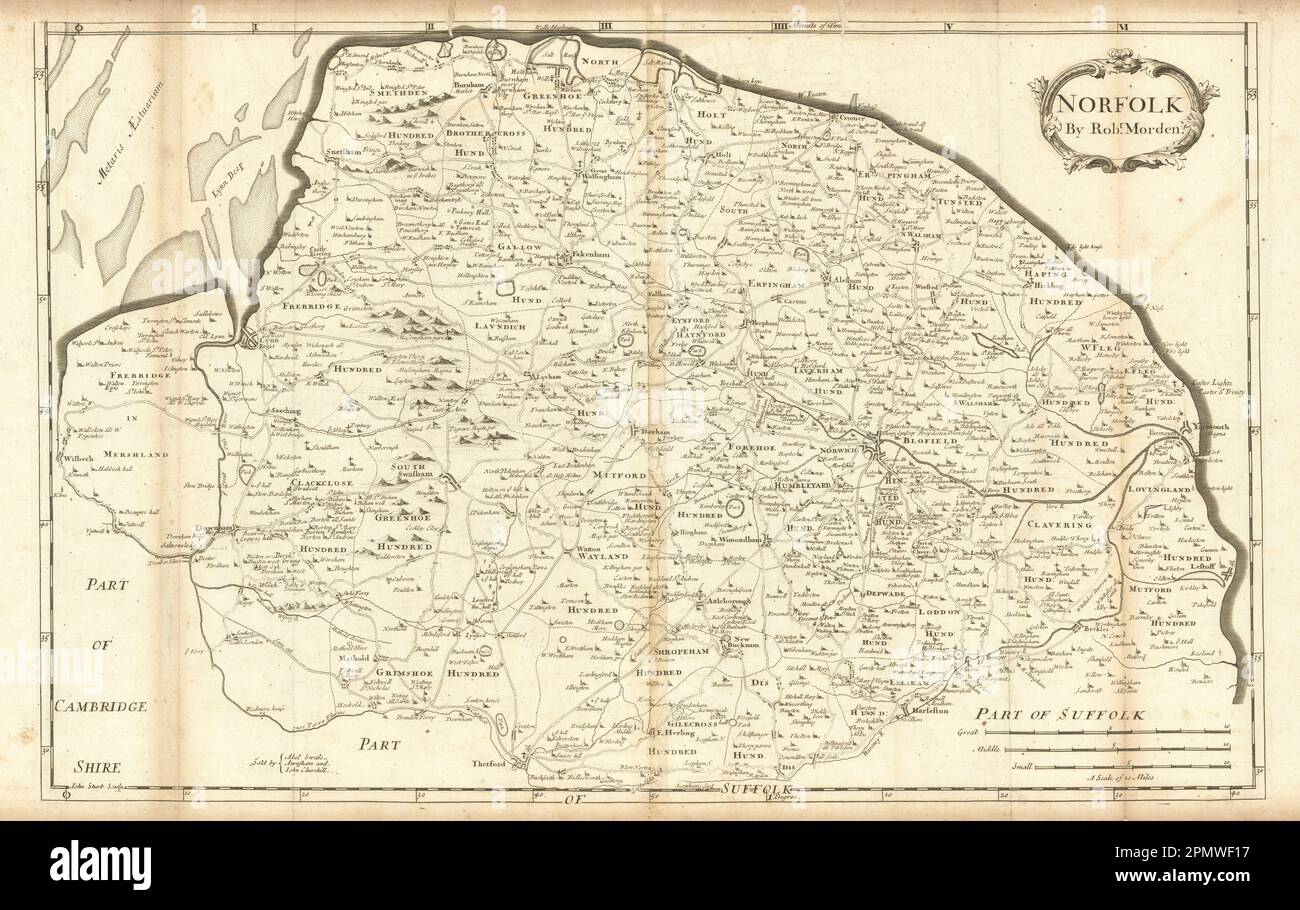Norfolk by ROBERT MORDEN from Camden's Britannia 1695 old antique map ...