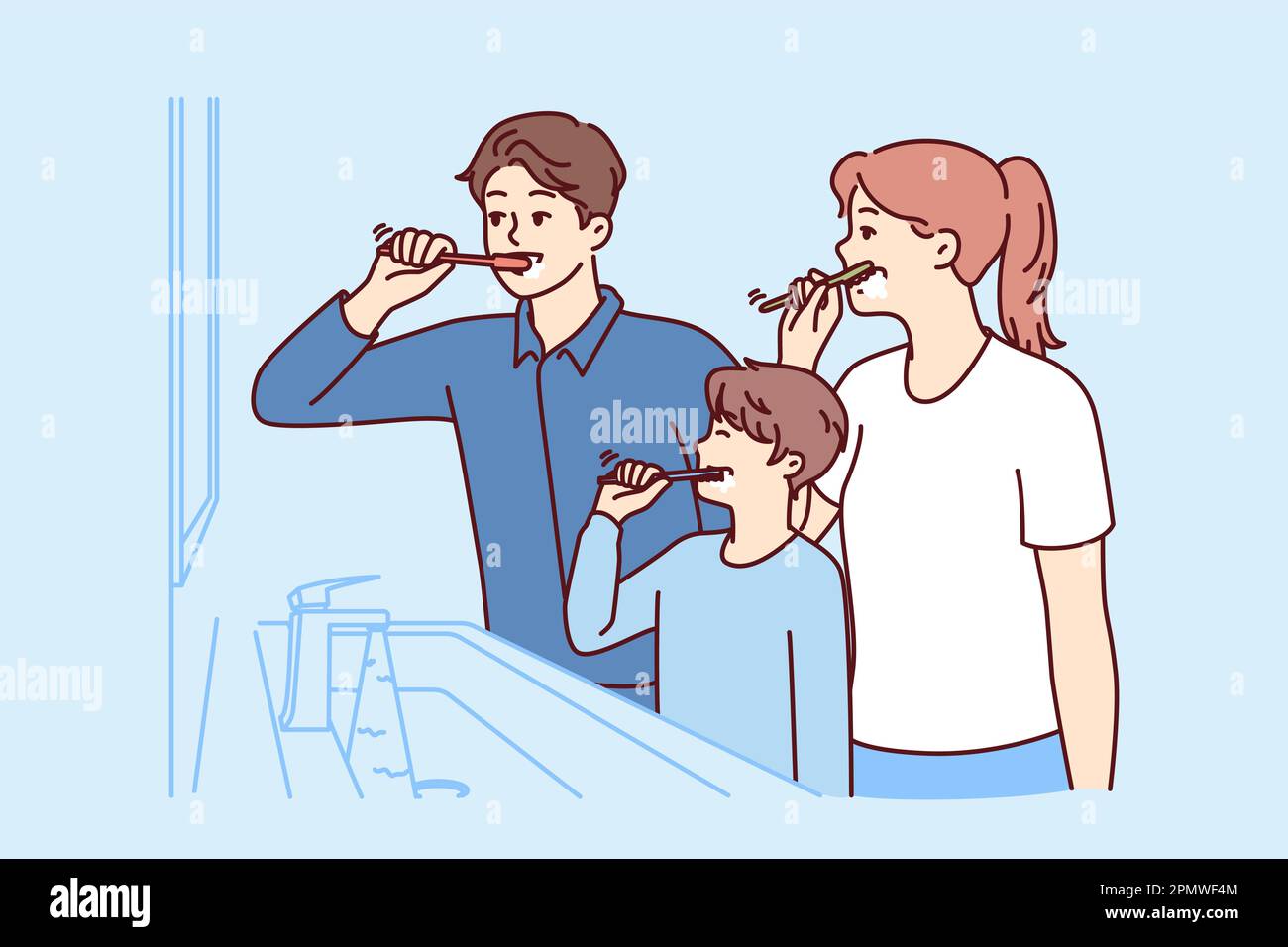 Family brushes teeth together standing in bathroom near mirror to teach ...