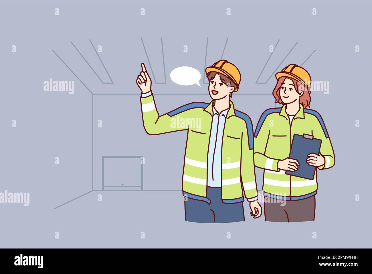 Two industrial room engineers discussing production process and how to ...