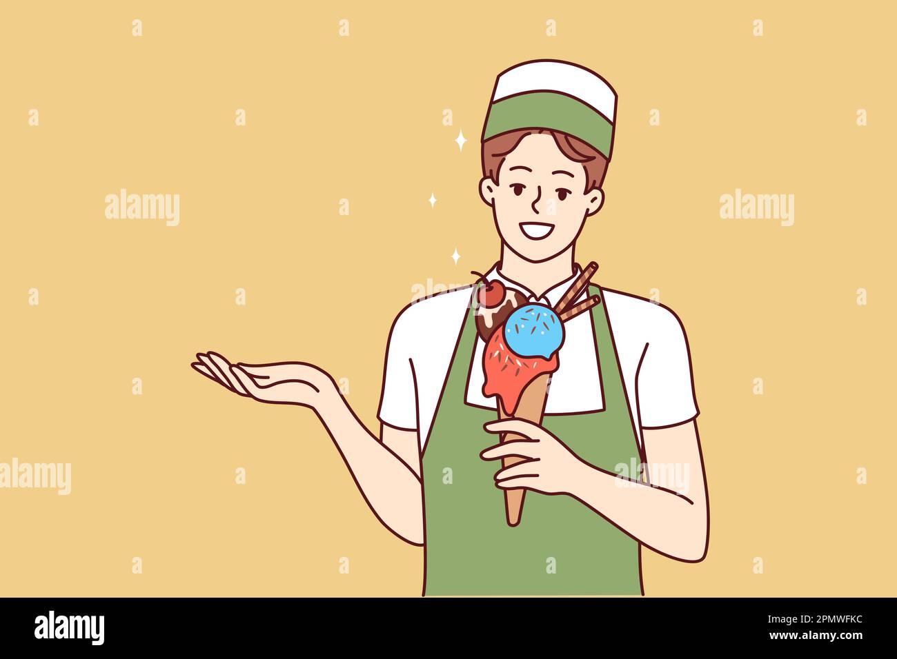 Woman ice cream seller holds cold dessert in waffle cup offering fruit ...