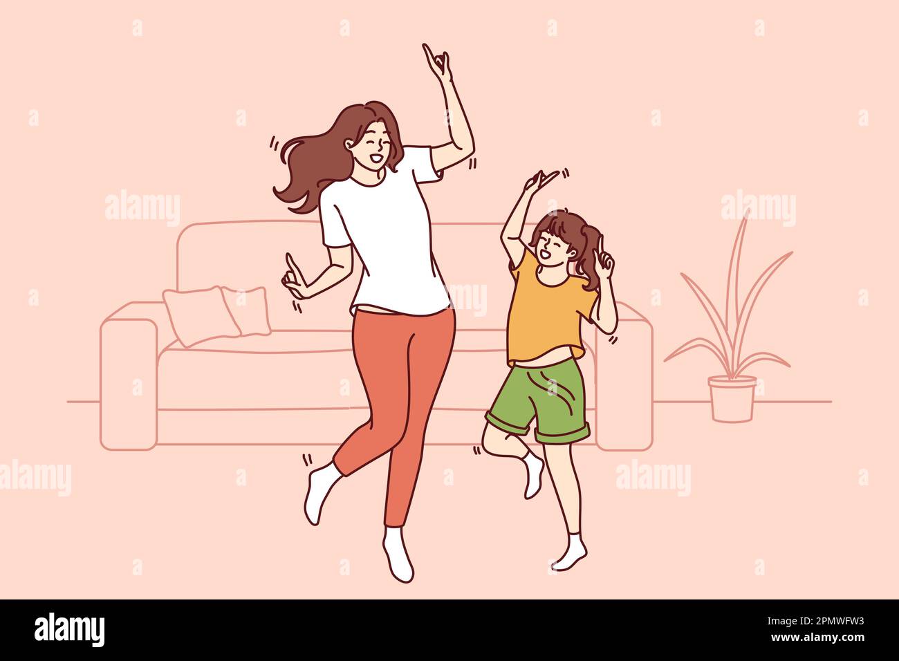 Active family of dancing young mother and daughter enjoying movement to ...