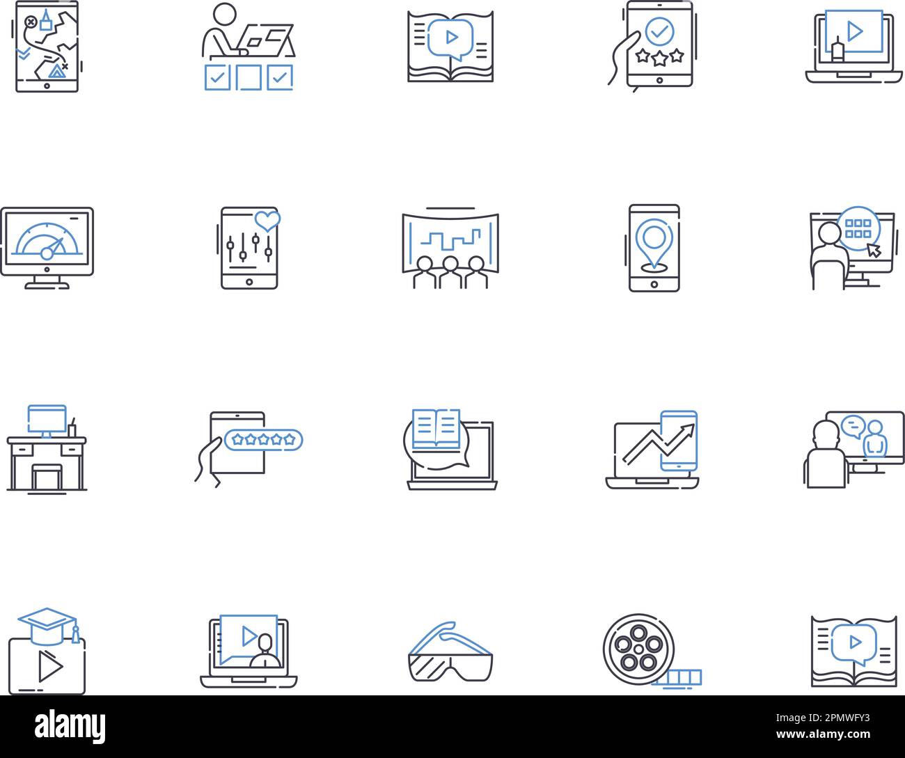 Multimedia outline icons collection. Audio, Video, Graphics, Animation, Image, Text, Interaction ...