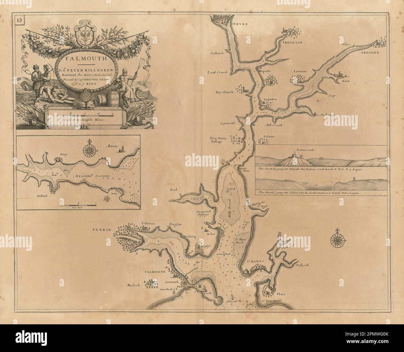FALMOUTH, Carrick Roads & Helford River sea chart. Truro. COLLINS 1693 ...