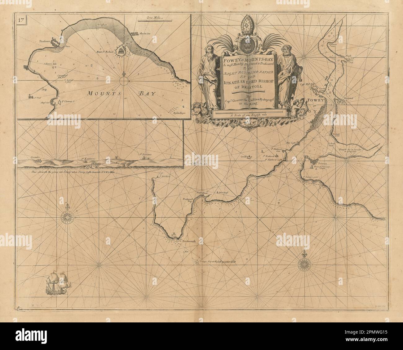 FOWEY & MOUNTS BAY sea chart. Polruan Bodinnick Penzance. COLLINS 1693 ...