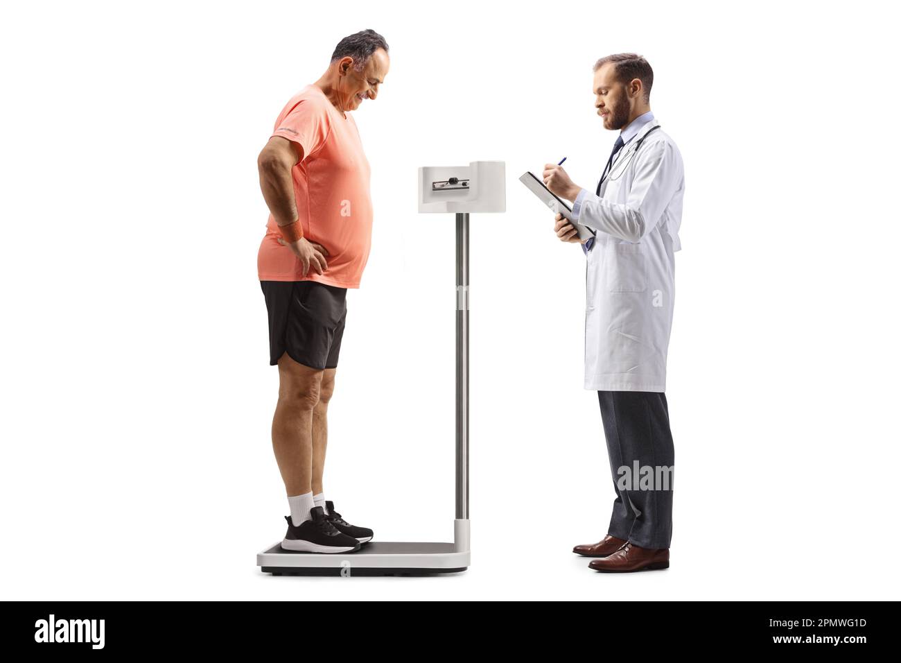 Male doctor checking weight of a mature man standing on a weight scale ...
