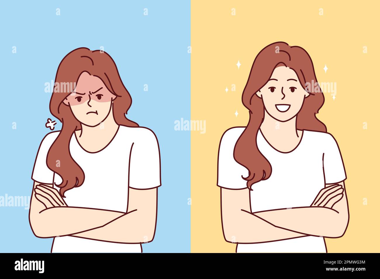 Two emotionally opposite women are sad or happy for concept of bipolar ...