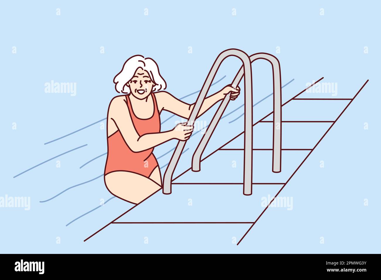 Elderly woman in pool of hotel or spa after finishing aqua treatments ...