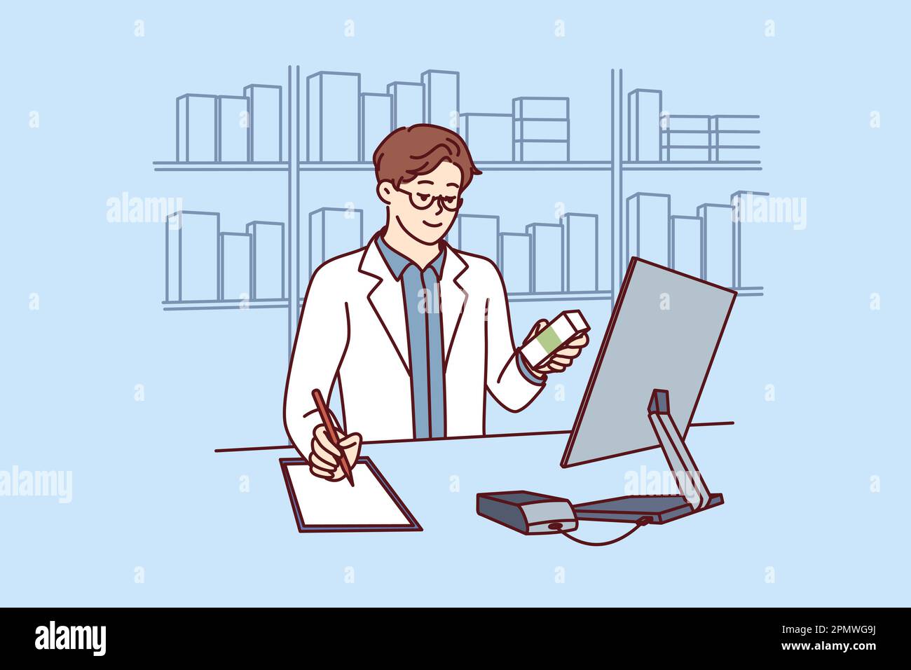 Man pharmacist in white medical coat stands behind counter in pharmacy ...