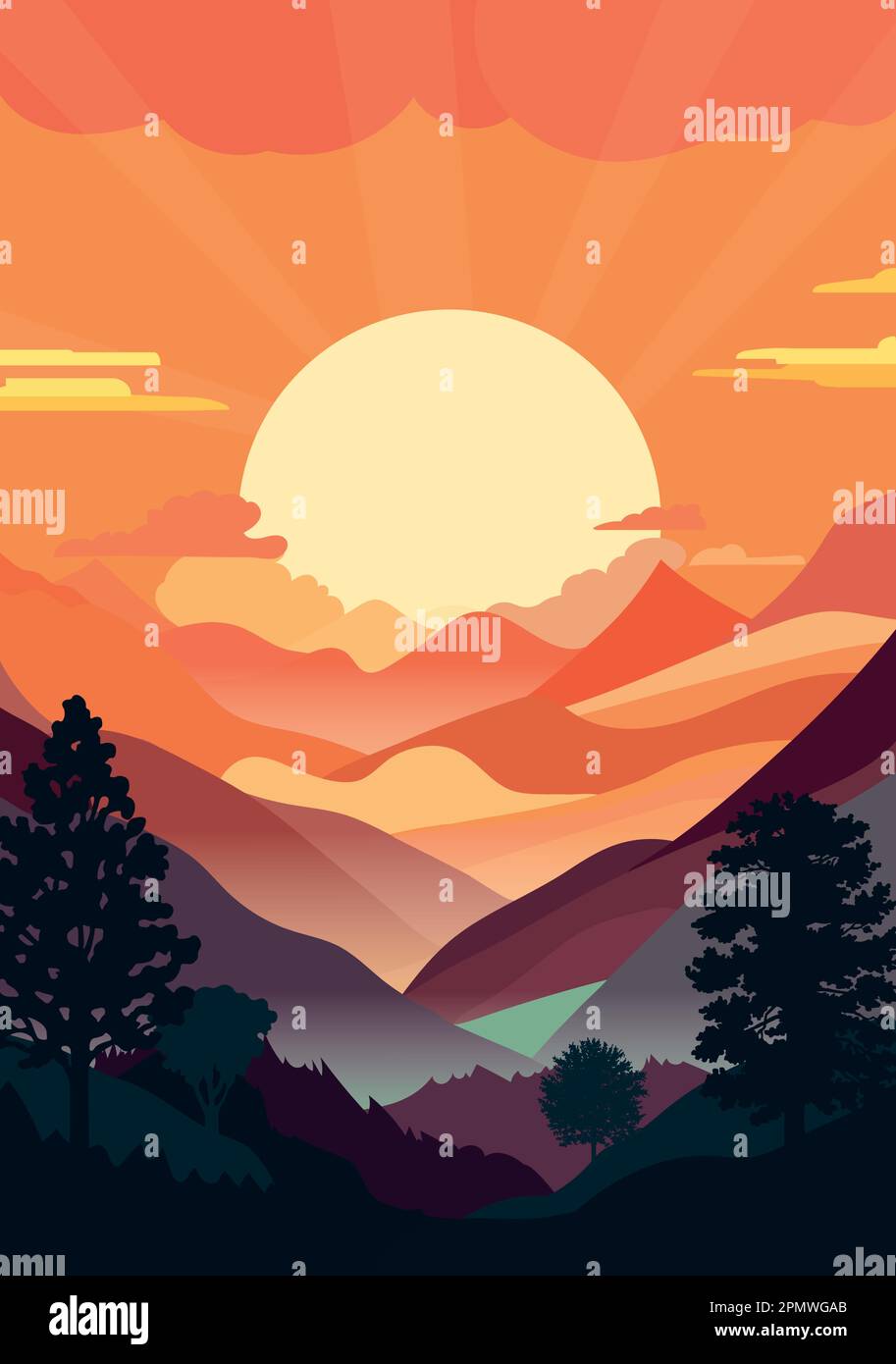 Sunset between hills and mountains, valleys and lights, shapes and ...