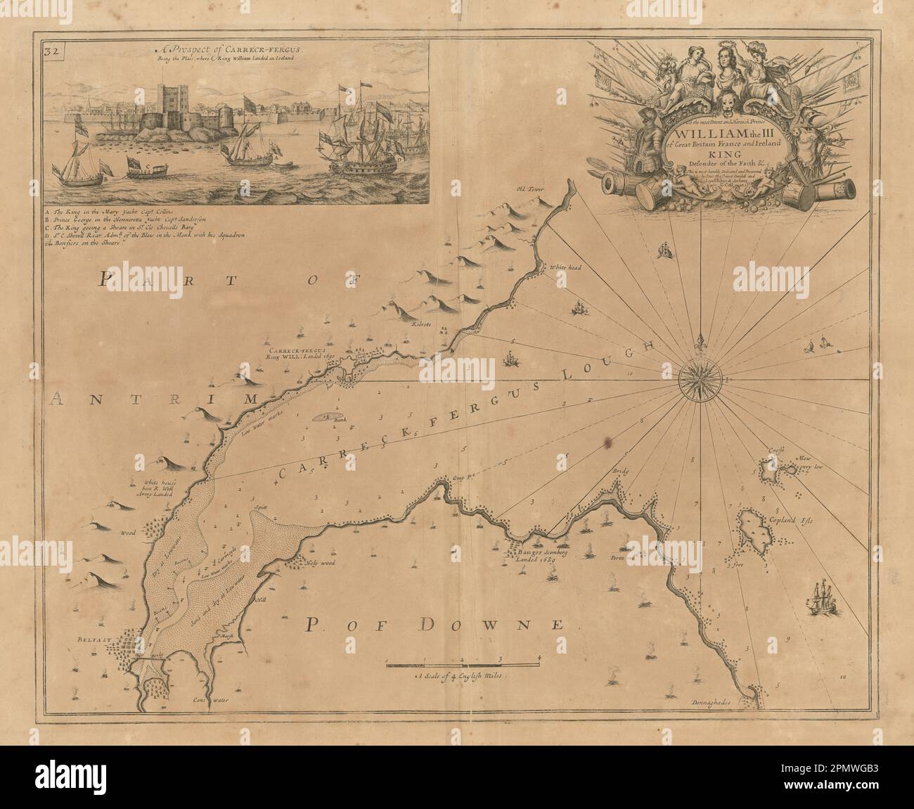 BELFAST LOUGH sea chart. 1690 William III at Carrickfergus. COLLINS ...