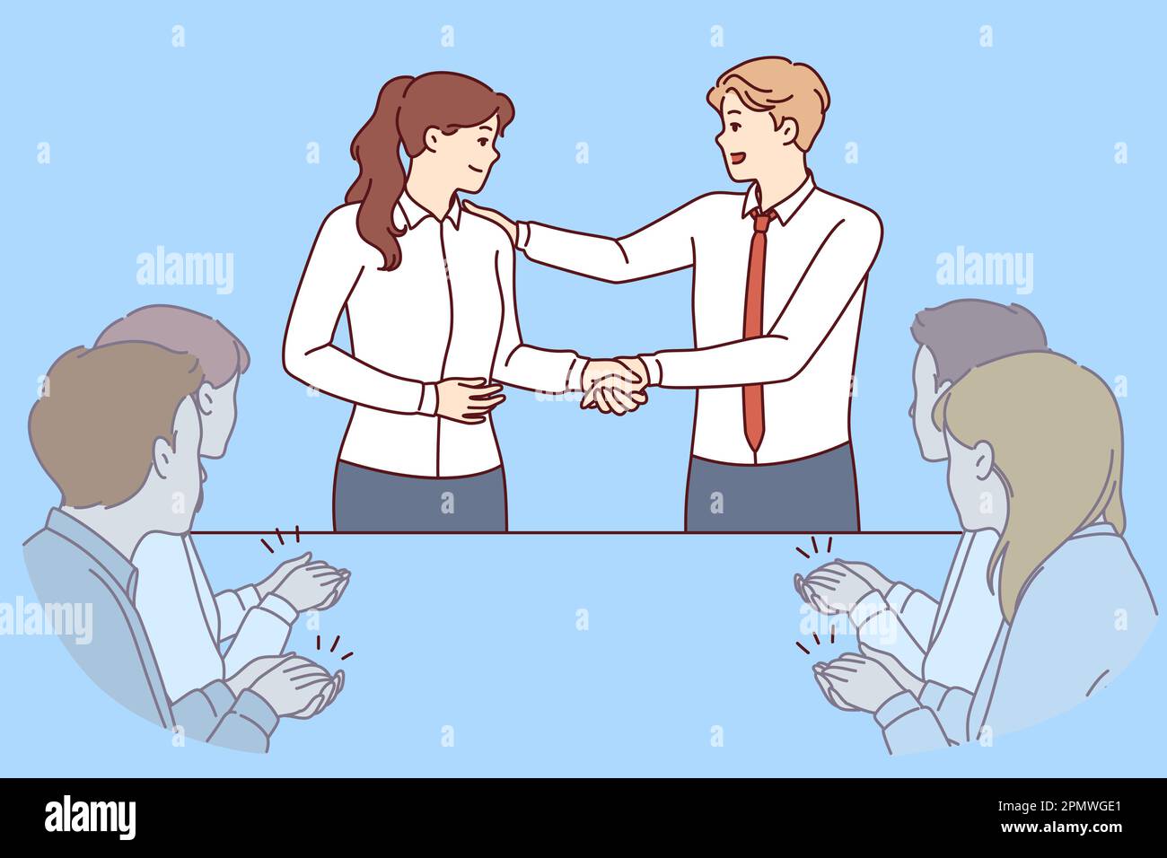 Handshake of boss and new employee of company during business meeting ...