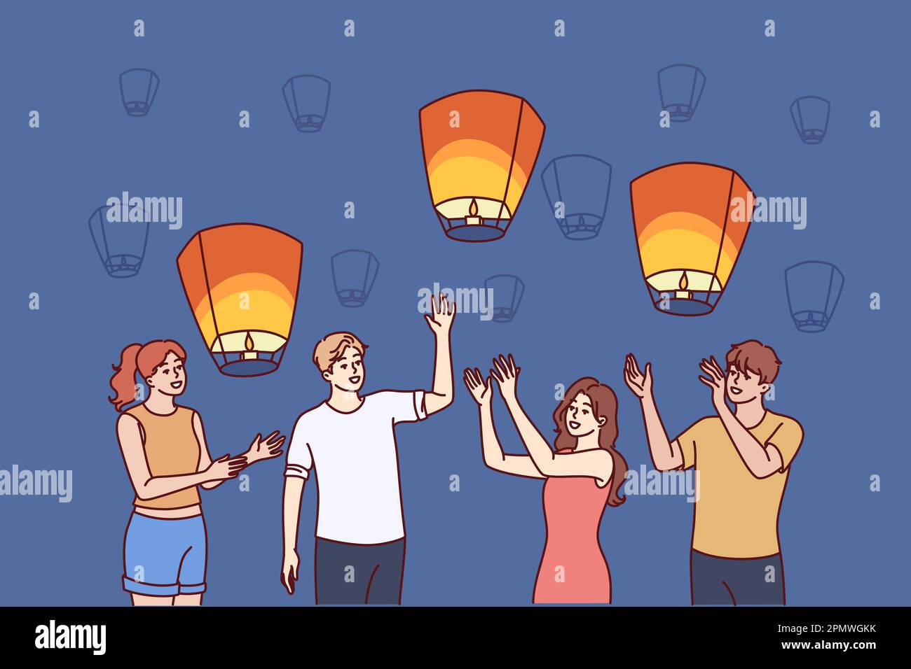 Group of people launch aerial chinese lanterns while making cherished ...