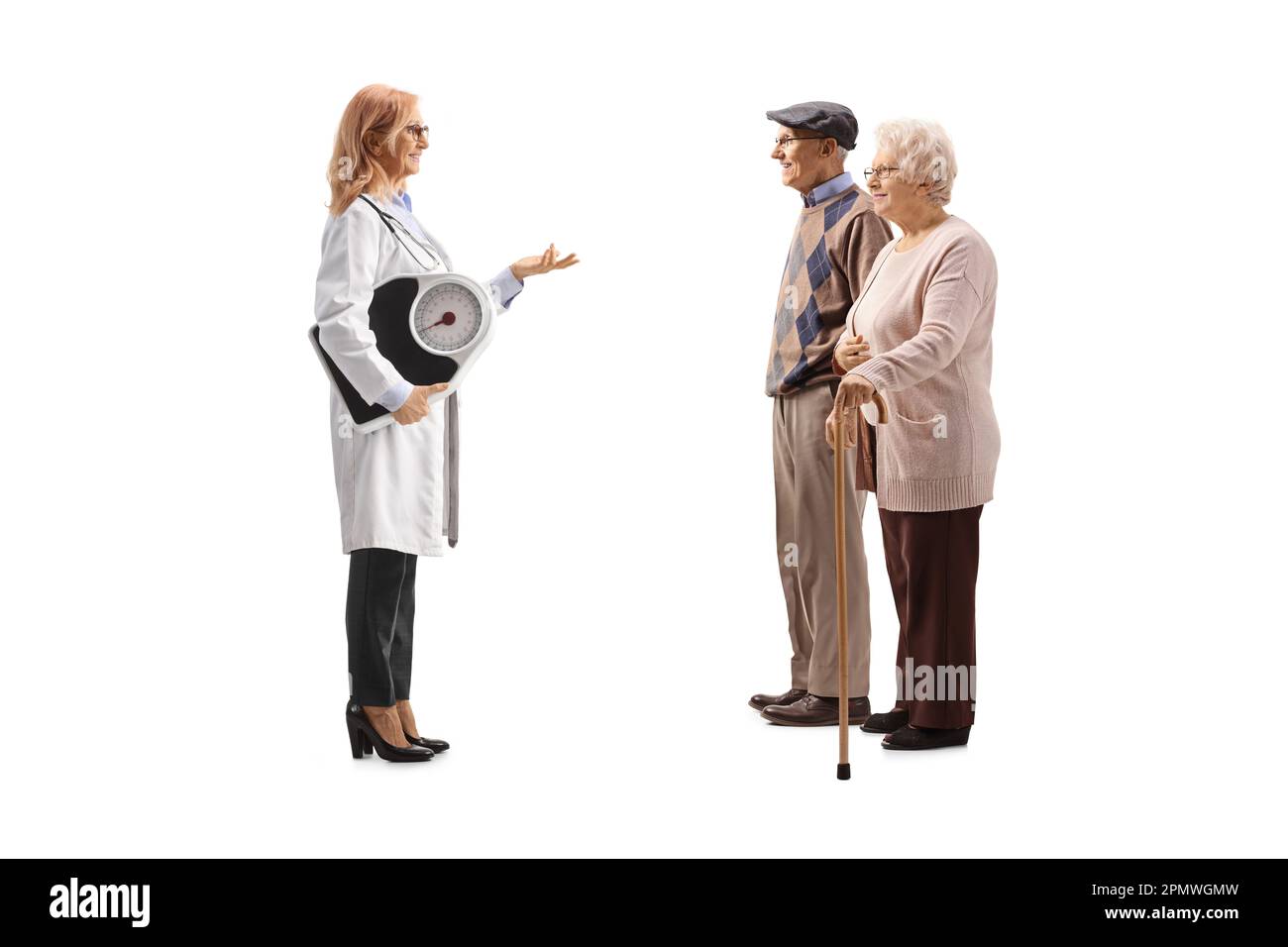 Full length profile shot of a female doctor holding a weight scale and ...