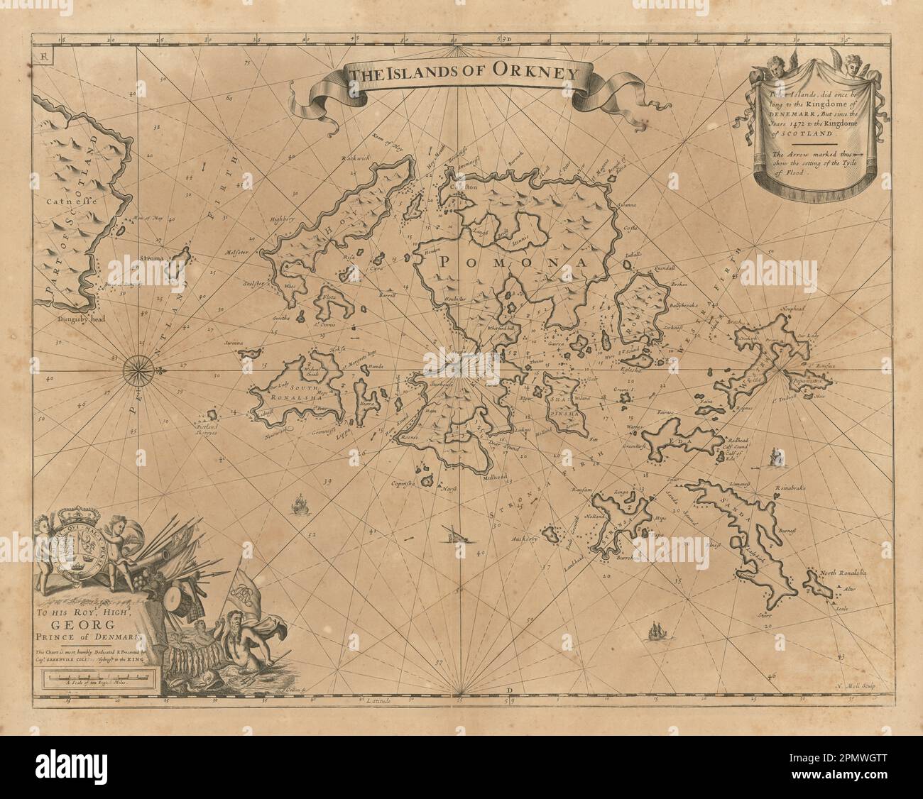 The Islands of Orkney sea chart by Capt G. COLLINS. Pomona Hoy &c 1693 ...