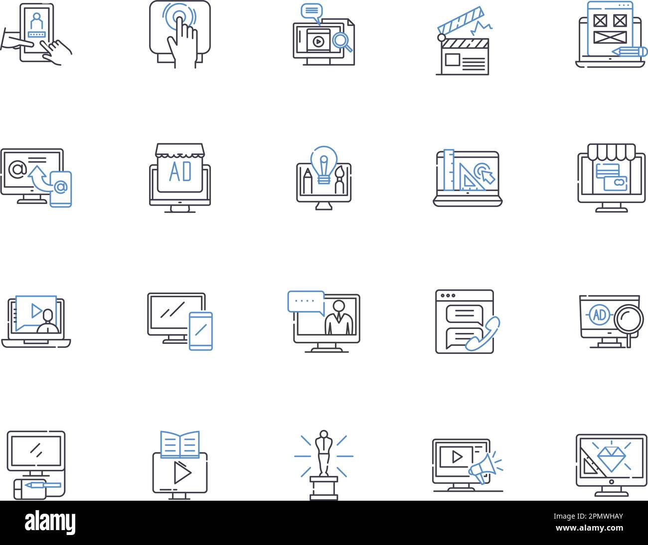Media outline icons collection. Media, Journalism, Broadcasting, Newspapers, Radio, Television ...