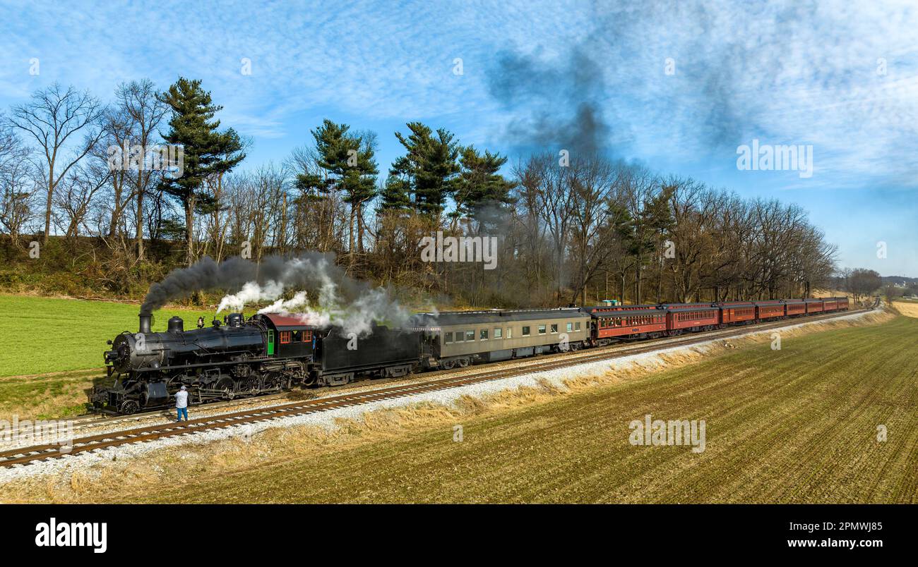 A Side Aerial View of a Steam Engine Waiting, all Steamed Up, While the ...