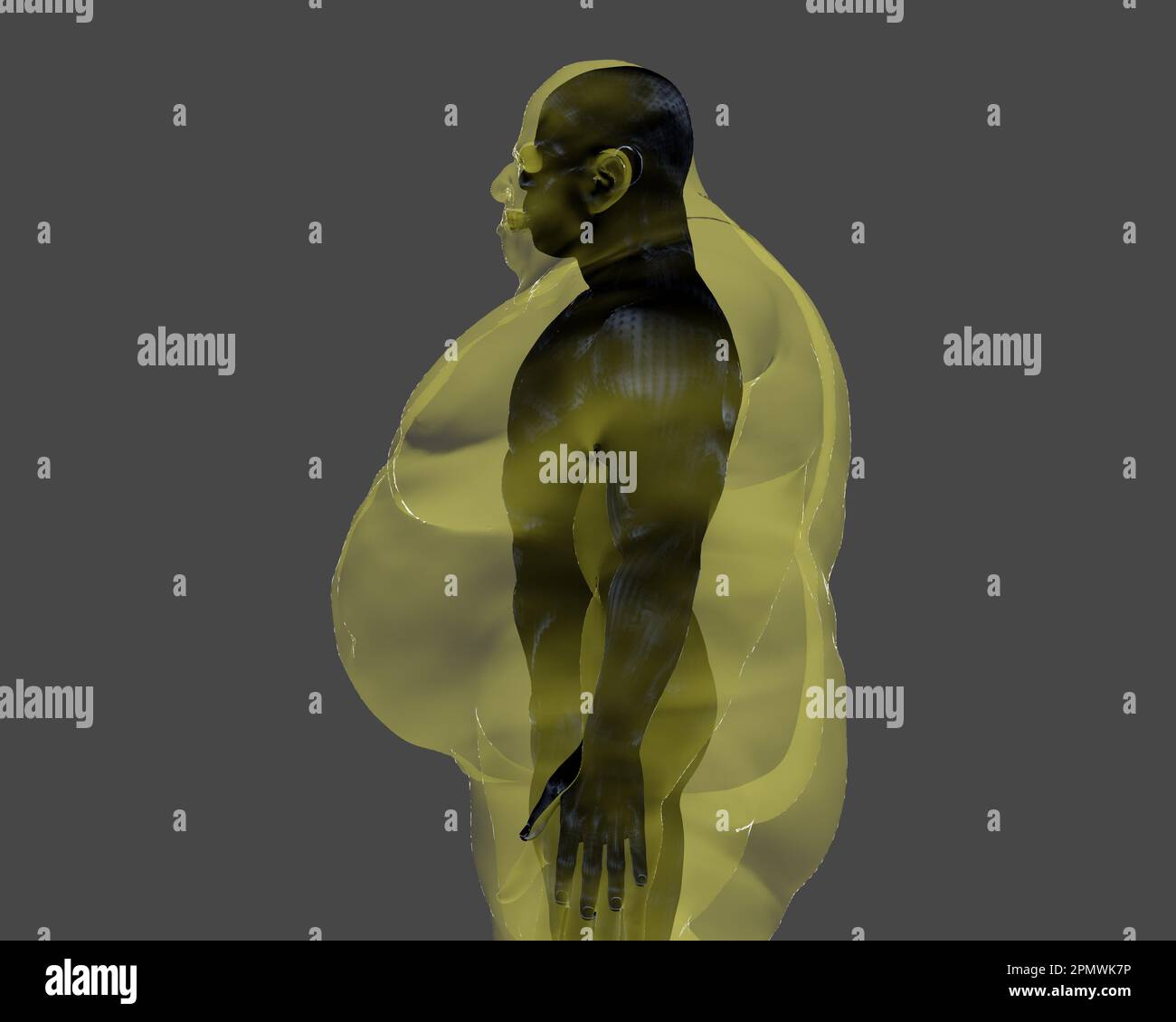 3D render. Athletic man inside an obese body on a gray background Stock ...