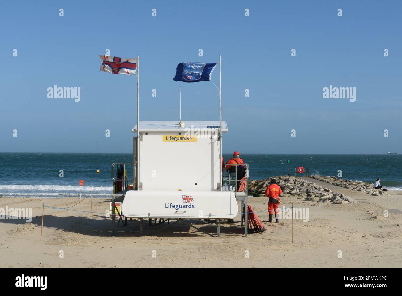 Poole, UK - April 10th 2023: The lifeguards around the RNLI lifeguard ...