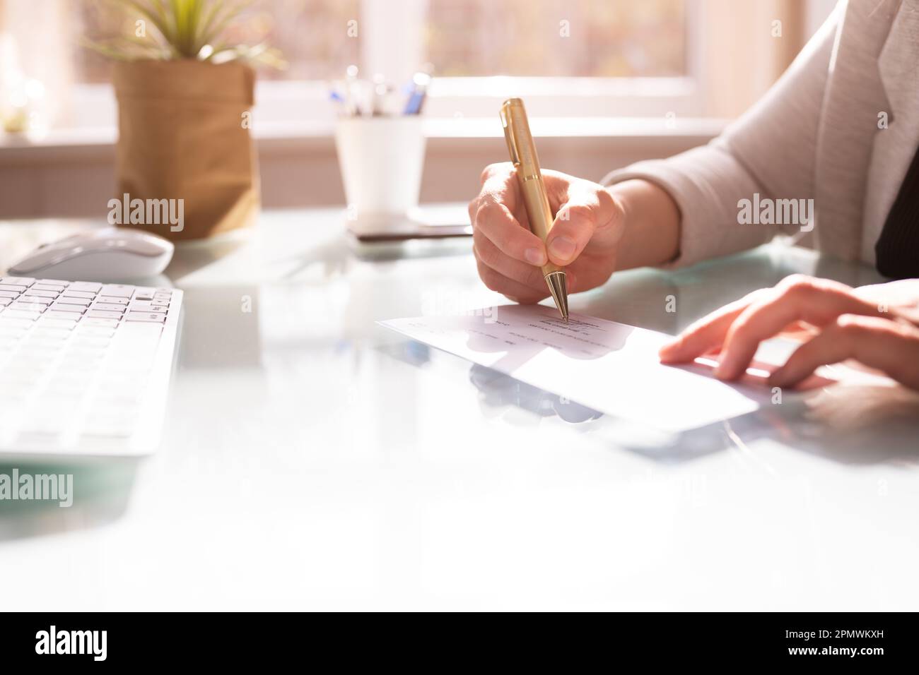 Insurance Paycheck. Payroll Check. Hand Writing Cheque Stock Photo - Alamy
