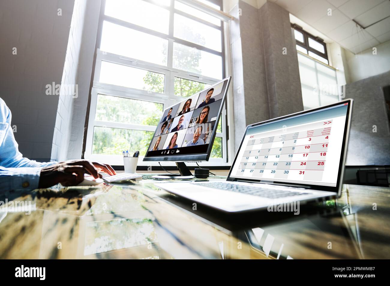 Telecommuting On Desktop Office Computer. Video Telework Banner Stock ...