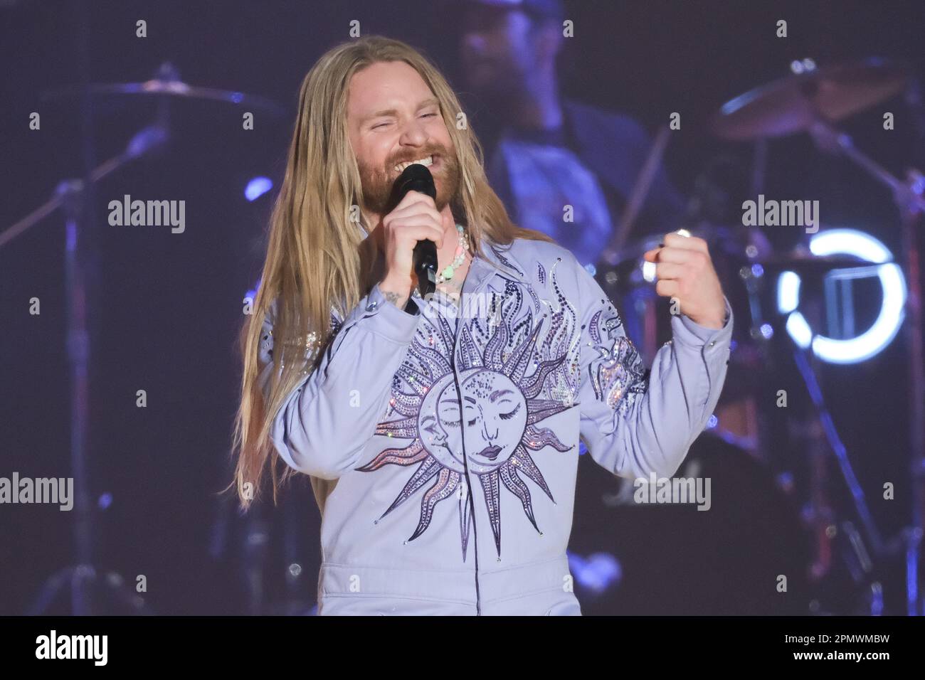 Madrid, Spain. 15th Apr, 2023. British singer Sam Ryder performs during ...