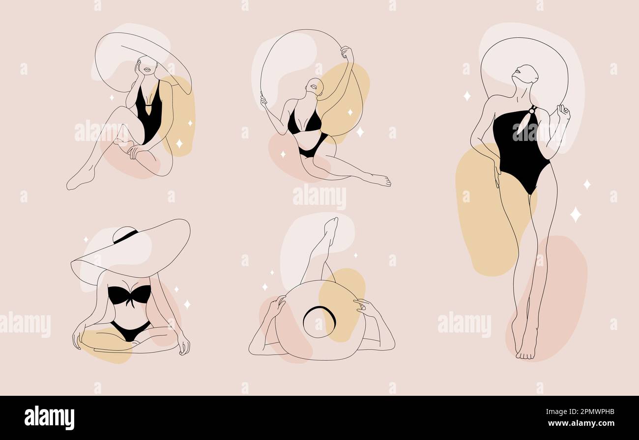 Linear Women In Straw Hats Abstract Female Silhouettes In Black