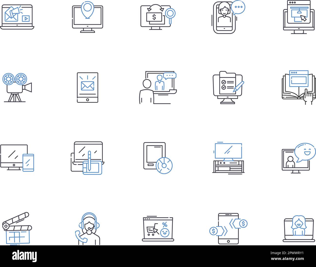 Media outline icons collection. Media, Journalism, Broadcasting, Newspapers, Radio, Television ...