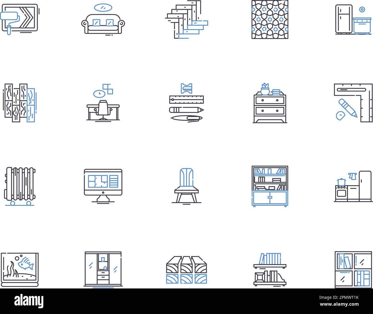 Interior Design Outline Icons Collection Decorating Furnishings Fabric Arrangement Colours