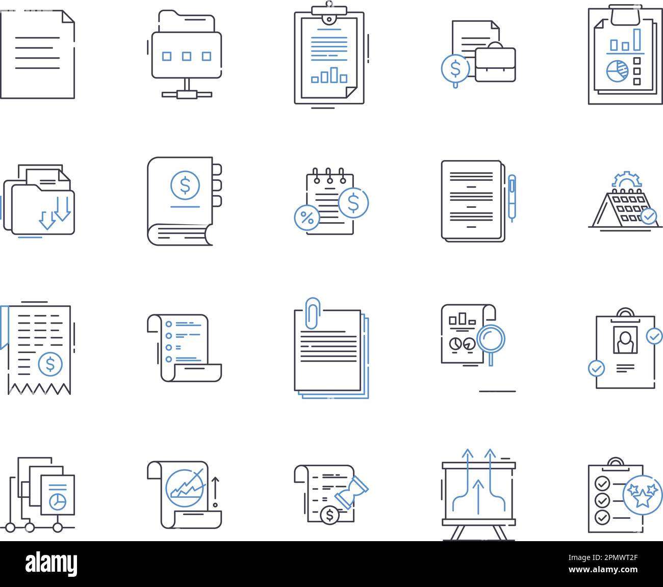 Business documents outline icons collection. Contracts, Policies, Invoices, Letters, Reports ...