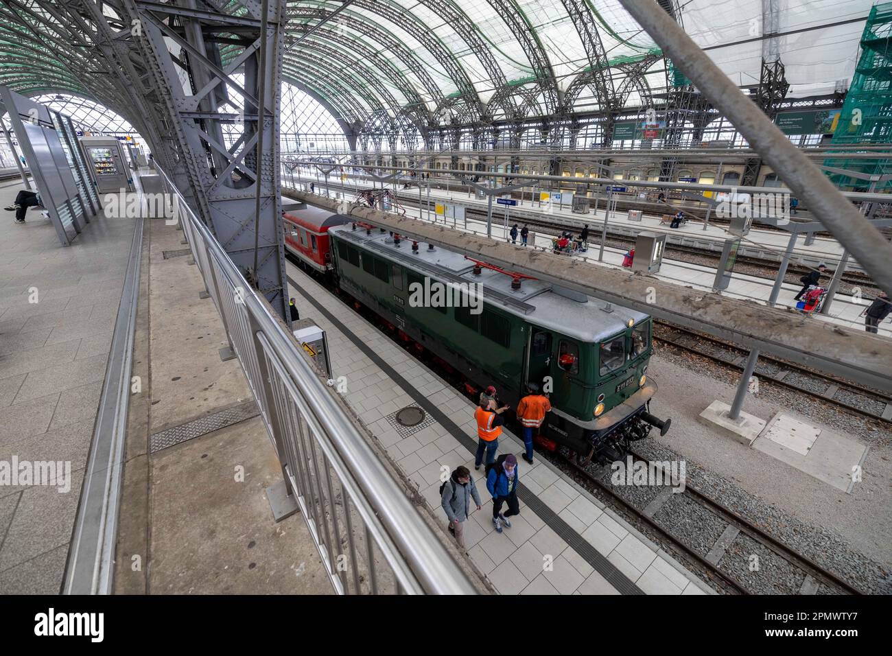 Dresden, Germany. 15th Apr, 2023. Locomotive E 11013 is on the track on ...