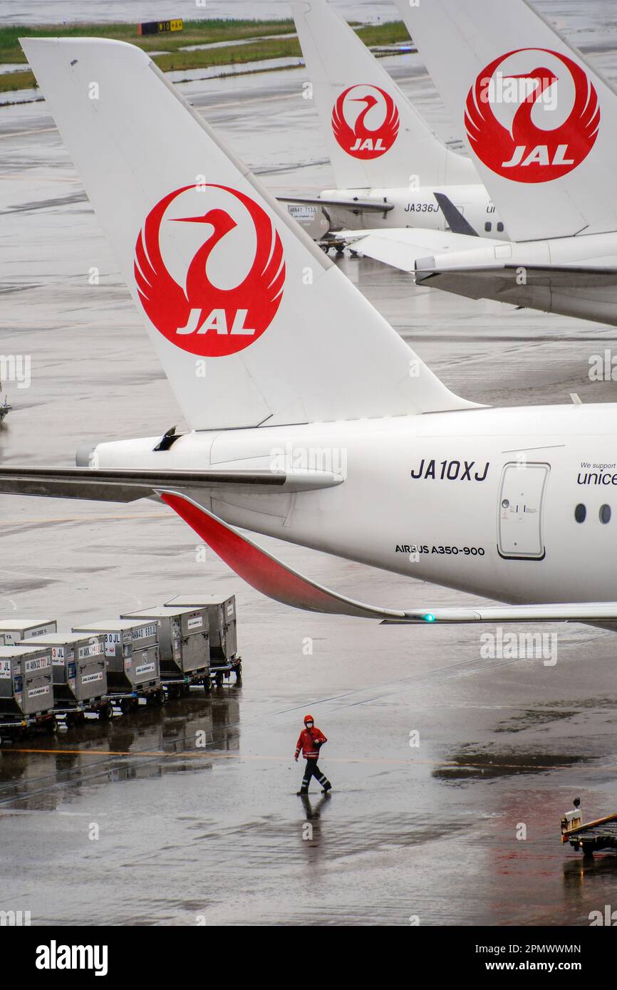 Tokyo, Japan. 15th Apr, 2023. Japan Airlines (JAL) airplanes seen at the Tokyo International ...