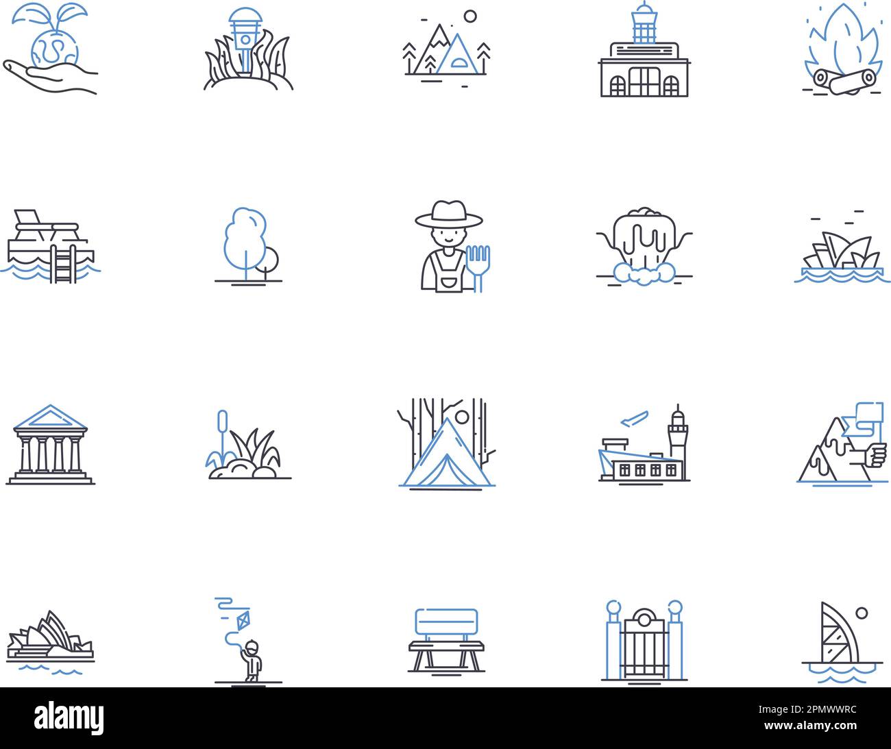 Landscapes outline icons collection. Scenery, Forests, Plains ...