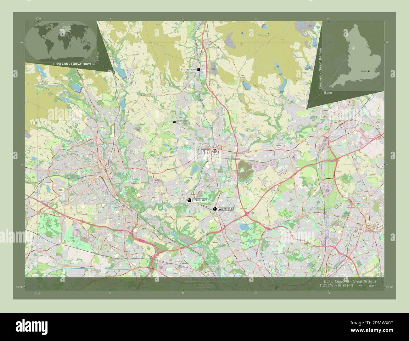Bury, administrative county of England - Great Britain. Open Street Map ...