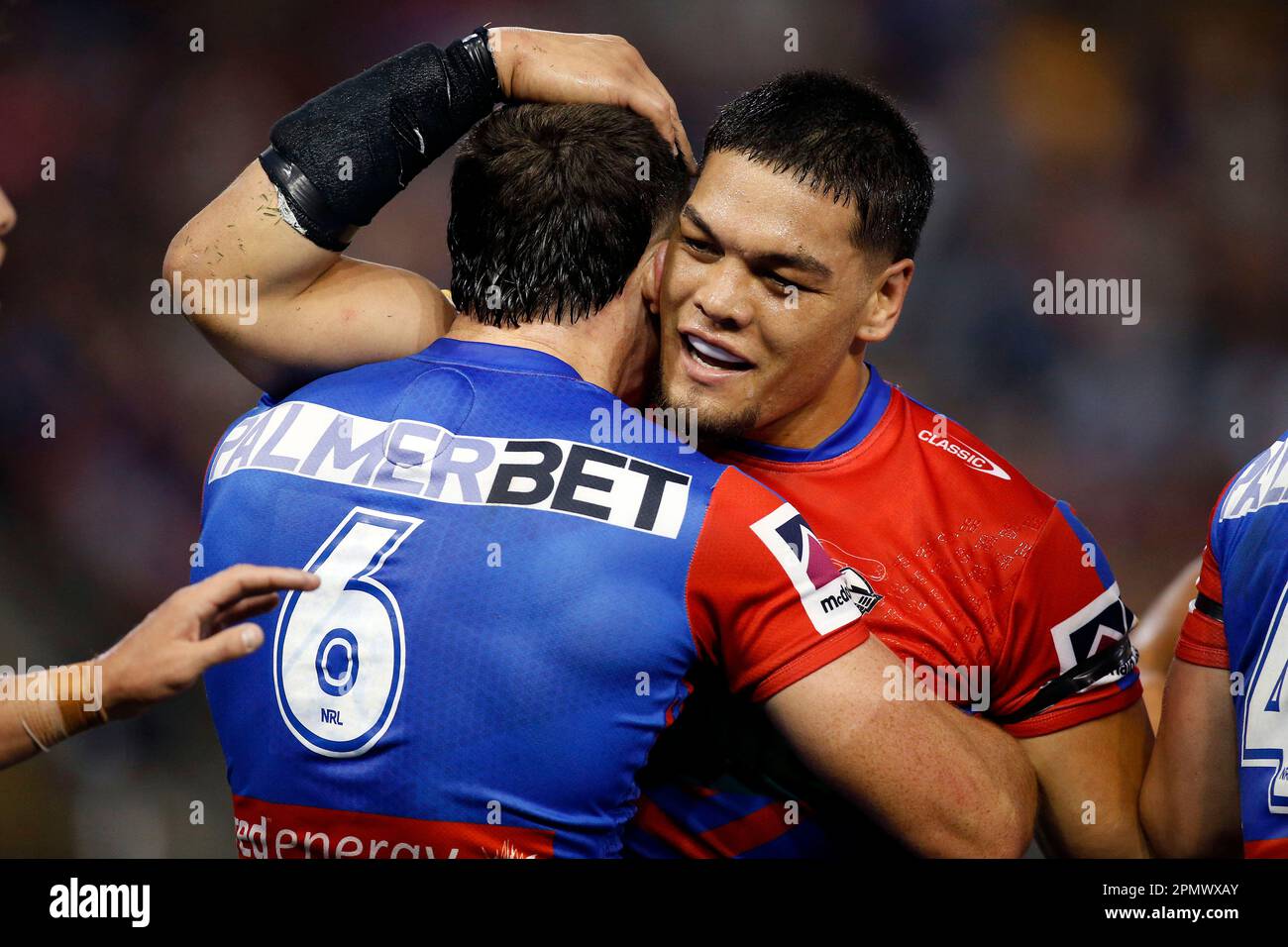 Leo Thompson and Tyson Gamble of the Knights during the NRL Round 7 ...