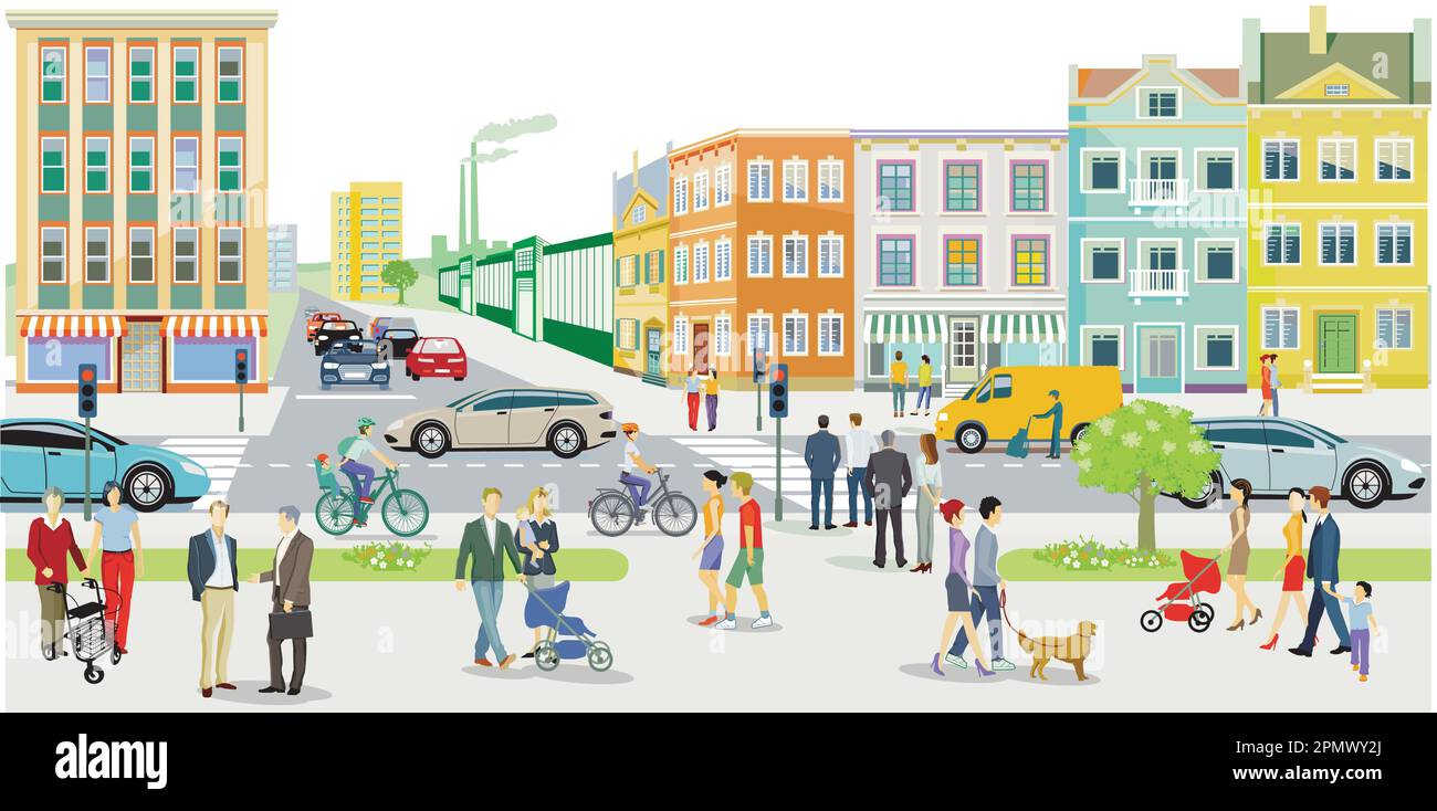 City silhouette in suburbia, with citizens in the residential area ...