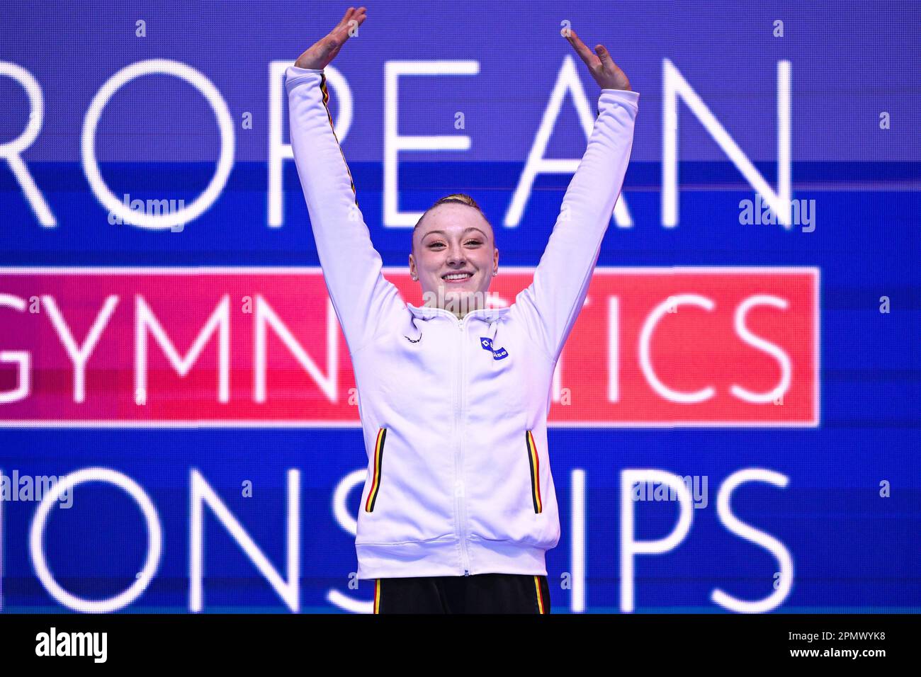 Antalya, Turkey. 15th Apr, 2023. Belgian gymnast Lisa Vaelen celebrates ...