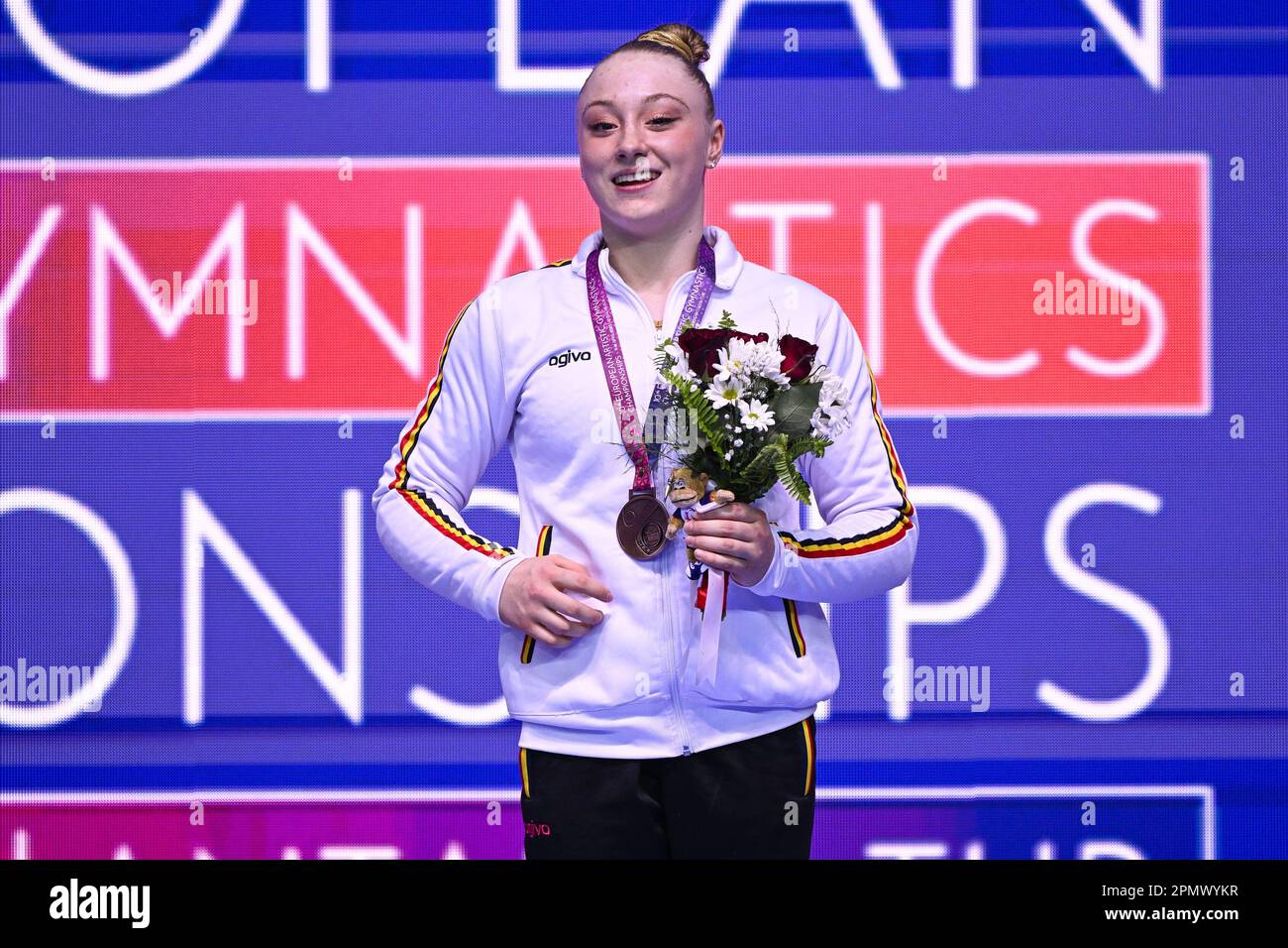 Antalya, Turkey. 15th Apr, 2023. Belgian gymnast Lisa Vaelen celebrates ...