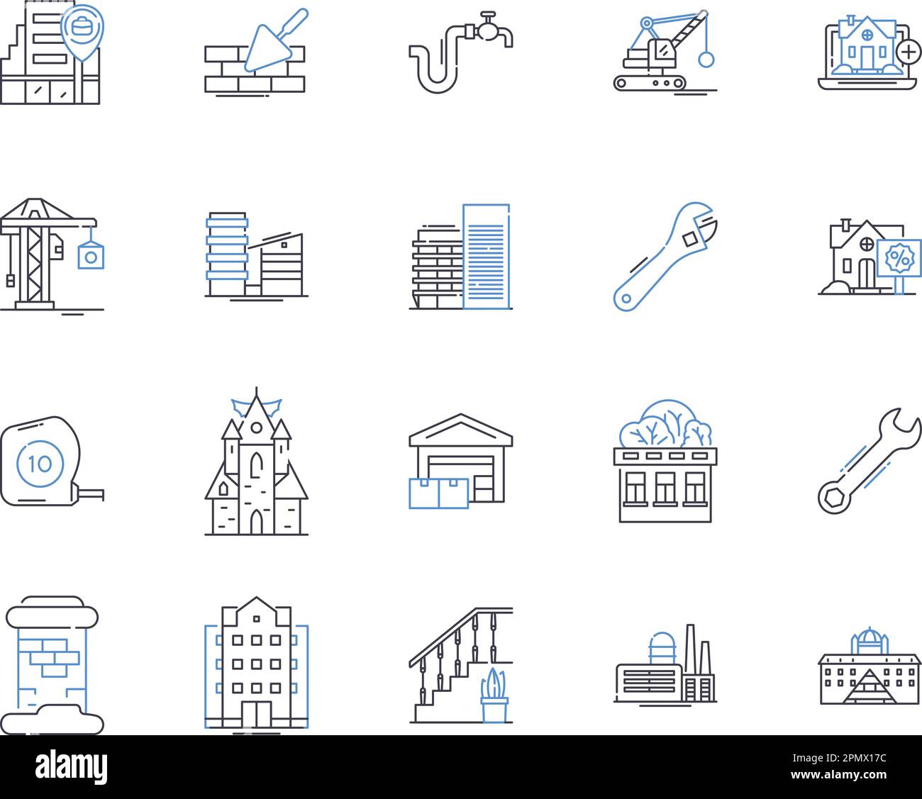 Construction tools outline icons collection. Shovel, Hammer, Drill, Saw ...