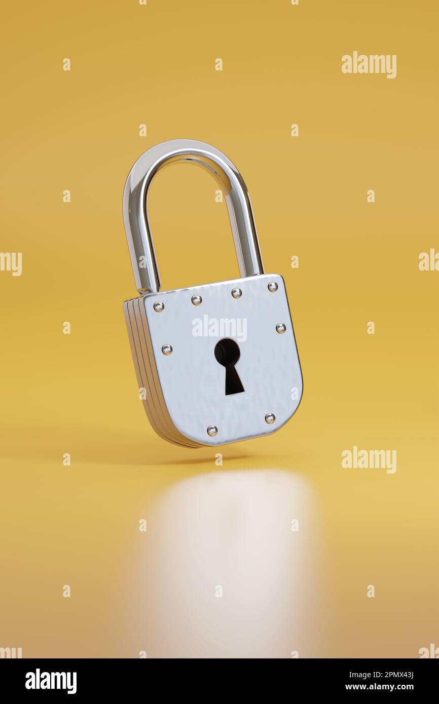 Closed padlock isolated on yellow background. 3d illustration Stock ...