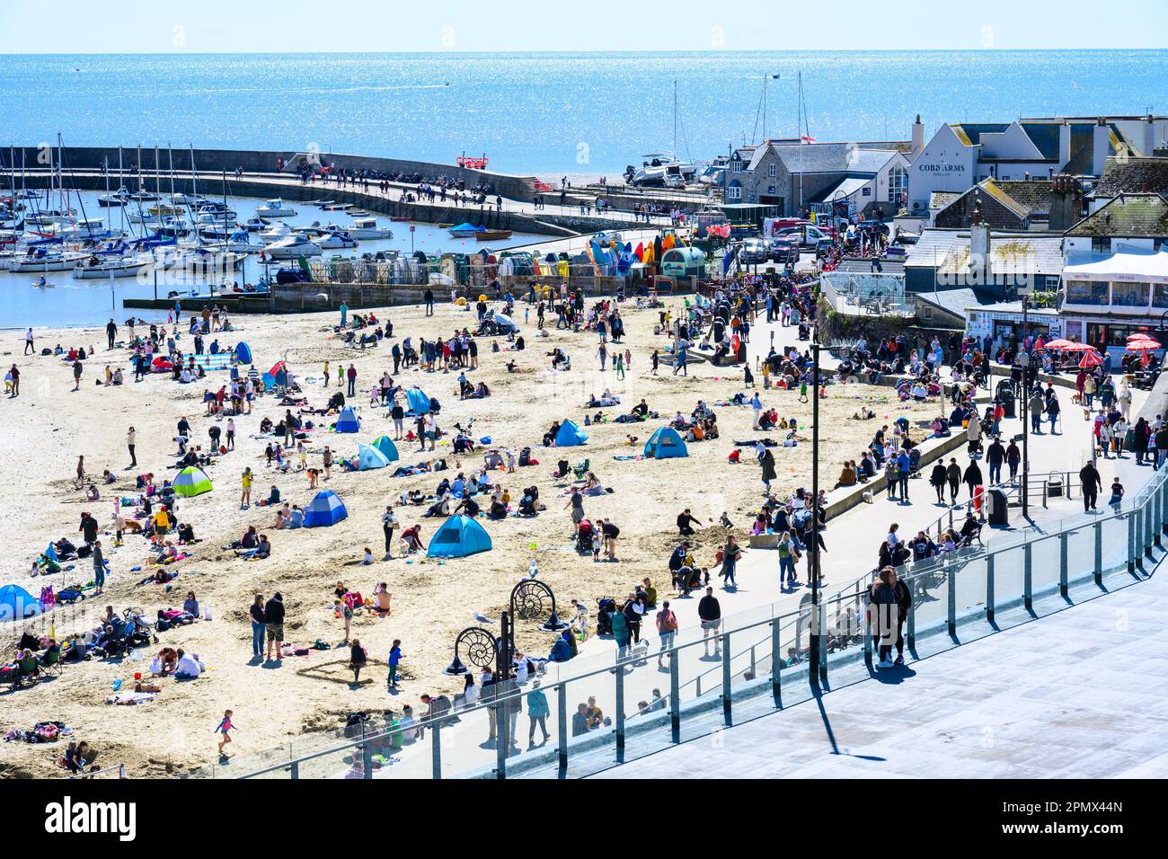 Lyme Regis, Dorset, UK. 15th Apr, 2023. UK Weather: Beachgoers and ...