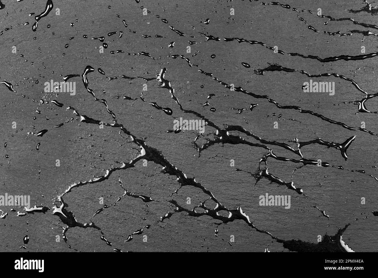 Water drops on dark flat stone surface of basalt or granite background ...