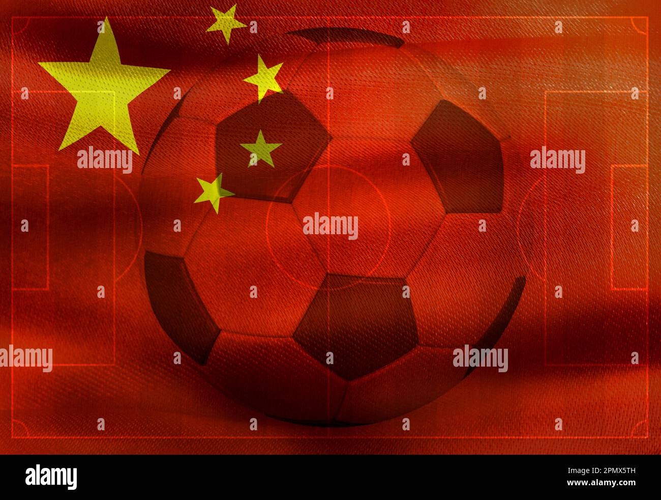 A photo of a waving China flag with a football ball-shaped outline in ...