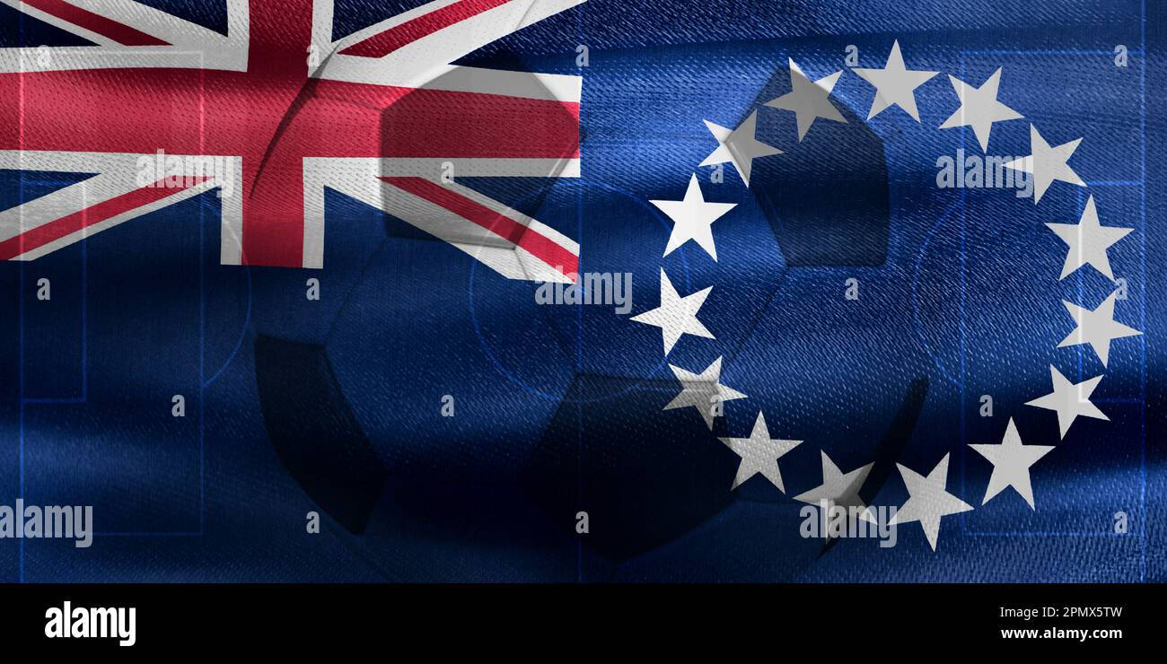 A photo of a waving Cook Islands flag with a football ball-shaped ...