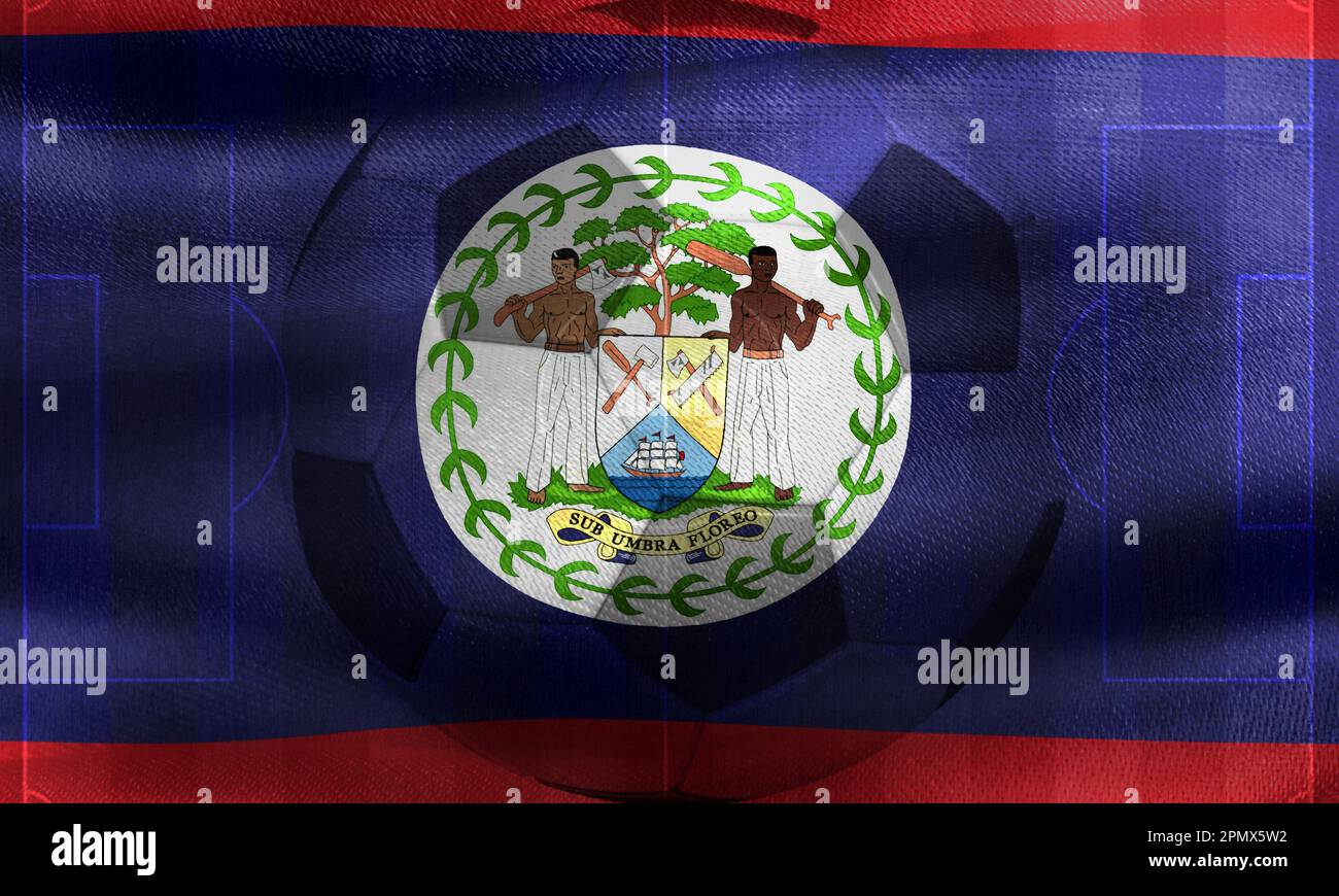 A photo of a waving Belize flag with a football ball-shaped outline in ...