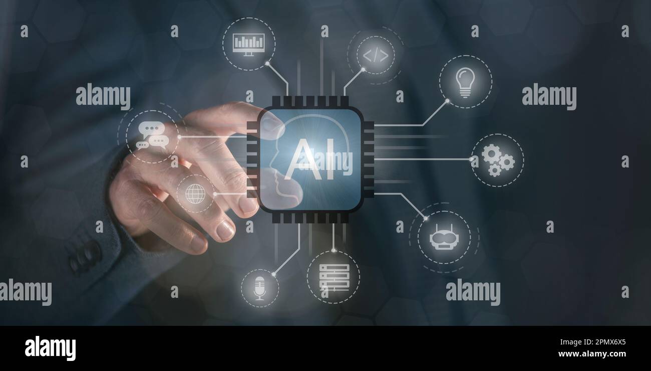 Man touch AI icon on virtual screen. Artificial intelligence new ...
