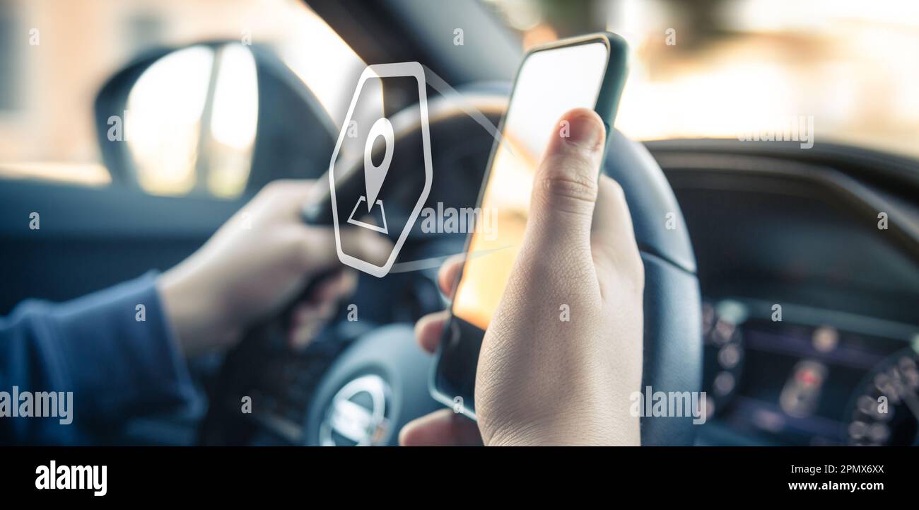 Drive using smartphone. Automotive technology concept. Infotainment ...