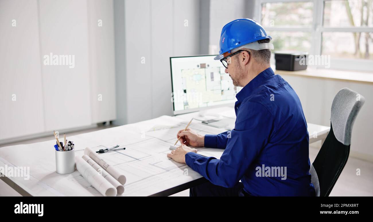 Civil Engineer Drawing Architecture Plan Blueprint And Design Stock ...